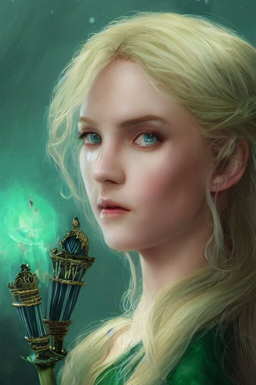 Lexica - Blonde sorceress in a green dress holding a magical sceptre ...