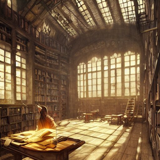 Lexica - Inside an immense fantasy library, sunlight pours through ...