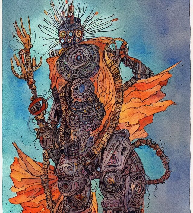 Lexica - A 3 / 4 view watercolor ink painting of a robot shaman ...