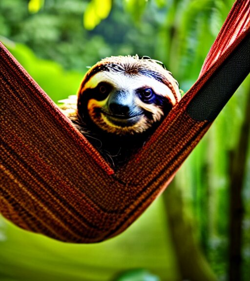 Lexica - A photograph of a sloth resting in a hammock in his garden ...