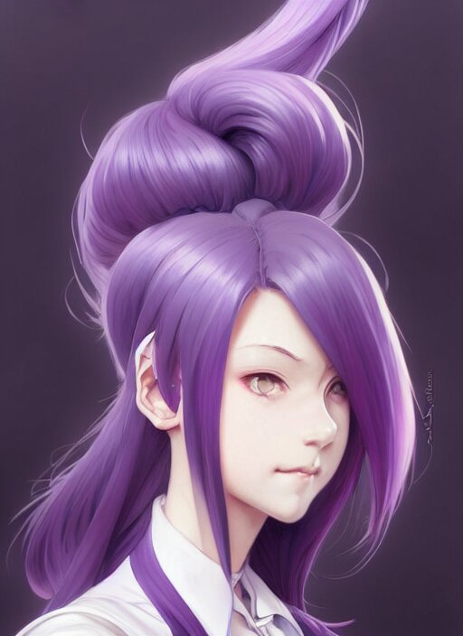 Lexica - Girl with purple hair gathered in two tails with green eyes in ...