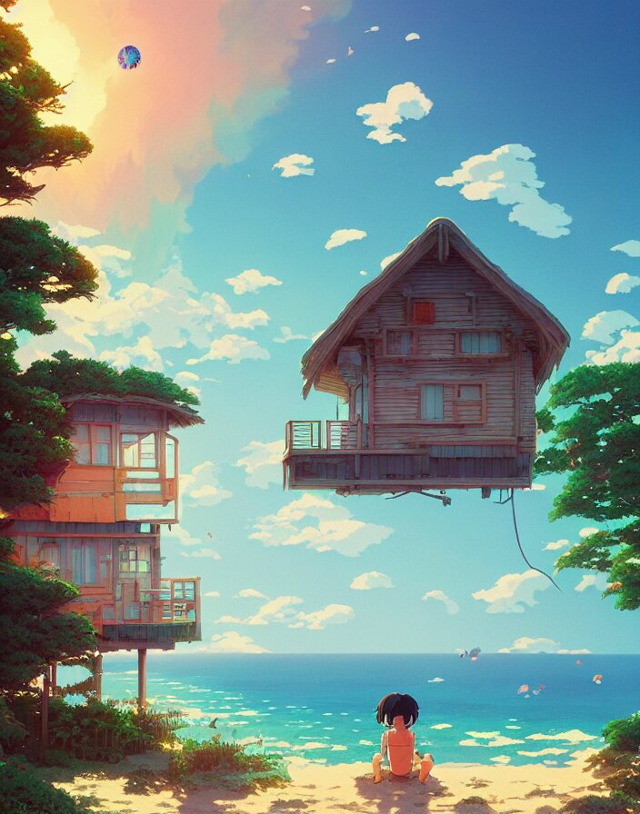 Lexica - Studio ghibli, summer beach cottage at sunsent, intricate ...