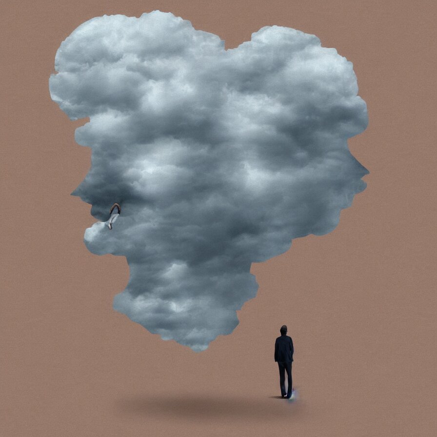 Lexica - Artwork of a headless man with one stormy cloud floating above ...