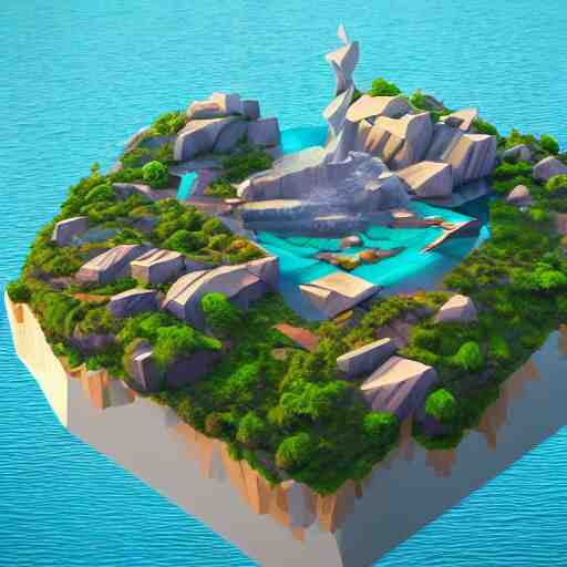 manhattan on a floating island in the sky, waterfalls falling do ...