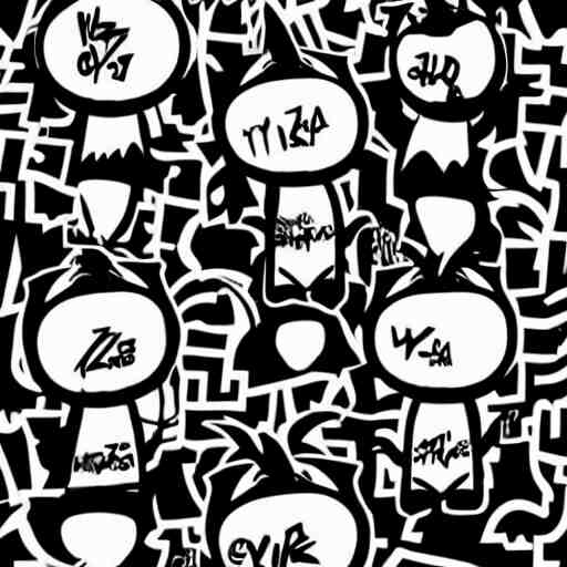 zef design black and white color scheme, graffiti, cute characte ...