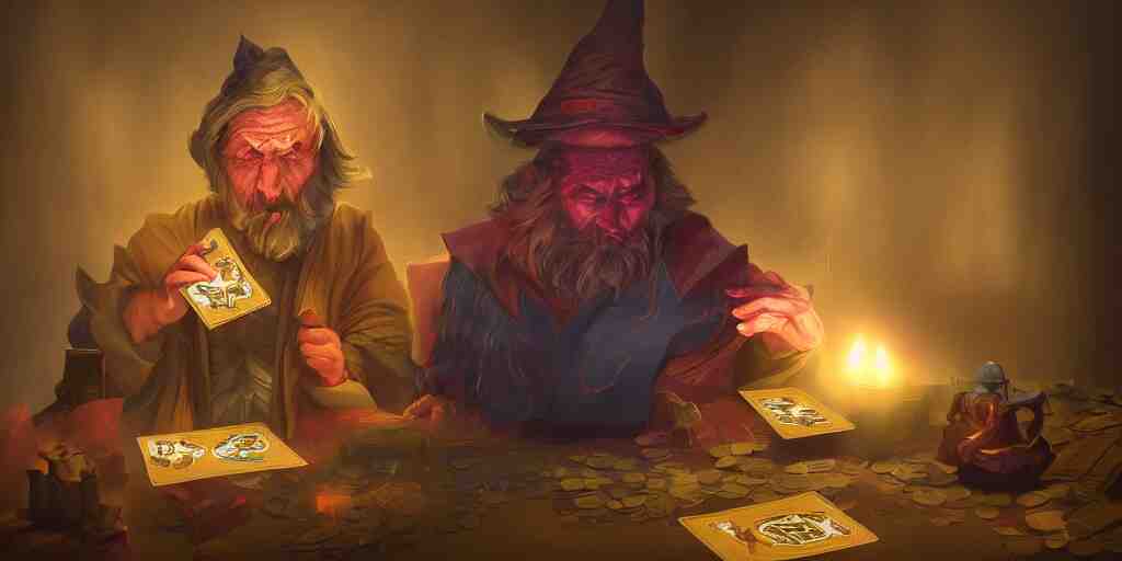 wizard shuffling cards, cards, fantasy, digital art, soft lighti ...