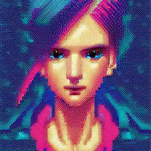 A pixel art, pointillisme potrait of a cyberpunk cyborg girl wit ...