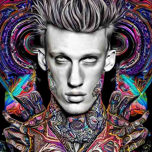 an extremely psychedelic portrait of mgk, surreal, lsd, face, de ...