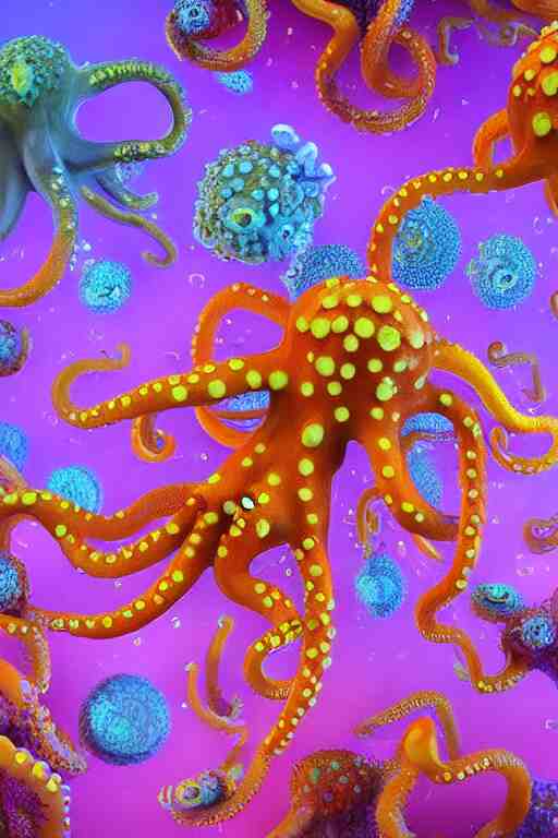 3 d render a lot of tiny octopuses, micro world fluo deepdream g ...