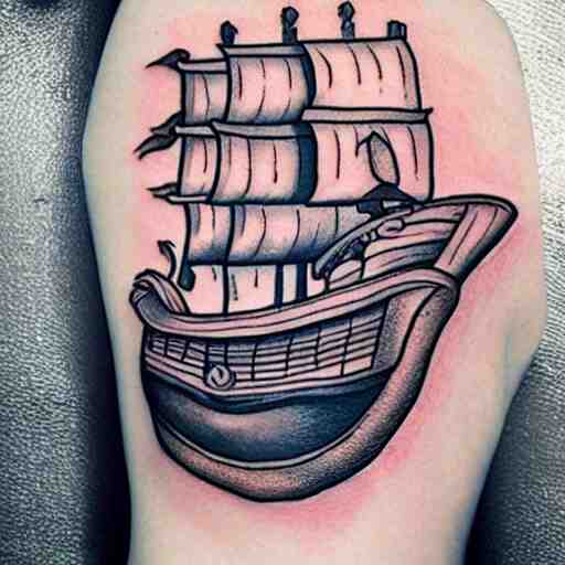 A pirate ship tattoo design in the style of Dmitriy Samohin, hyp ...