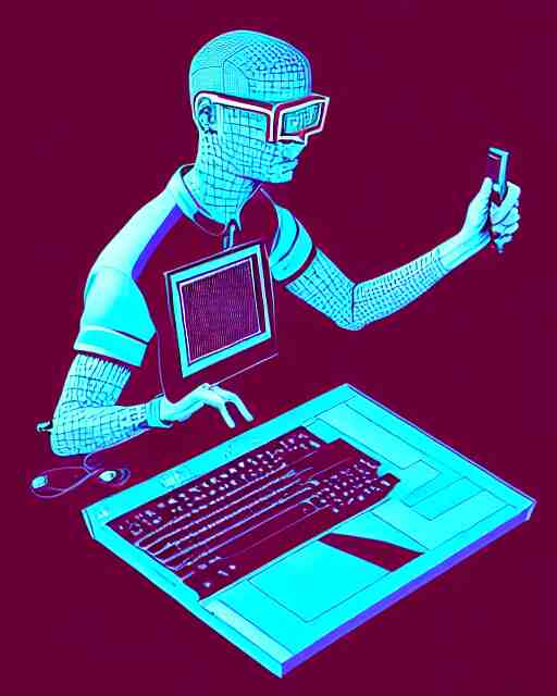 richly detailed color illustration of a nerd-using-a-computer-to ...