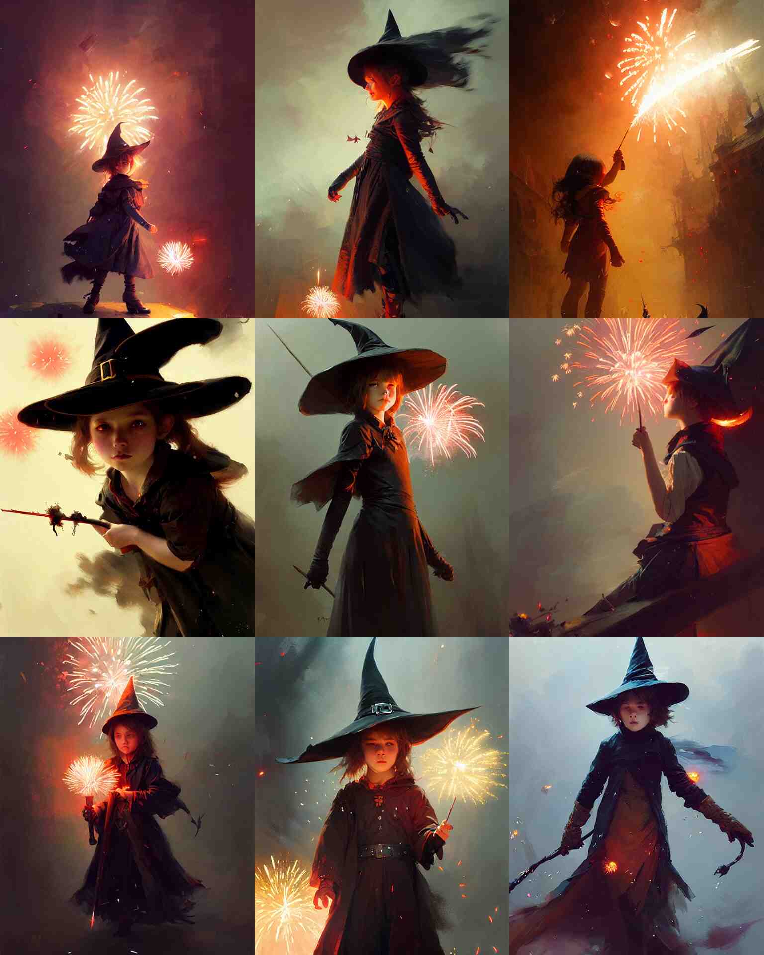 cute young witch, fireworks, intricate, sharp focus, illustratio ...