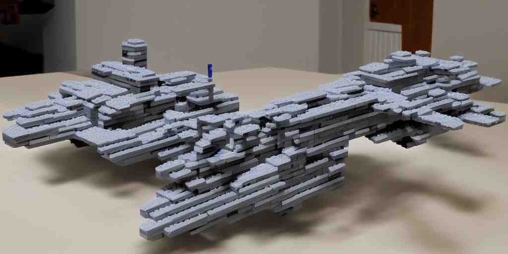 gigantic spaceship made with grey legobricks, flying in the gala ...