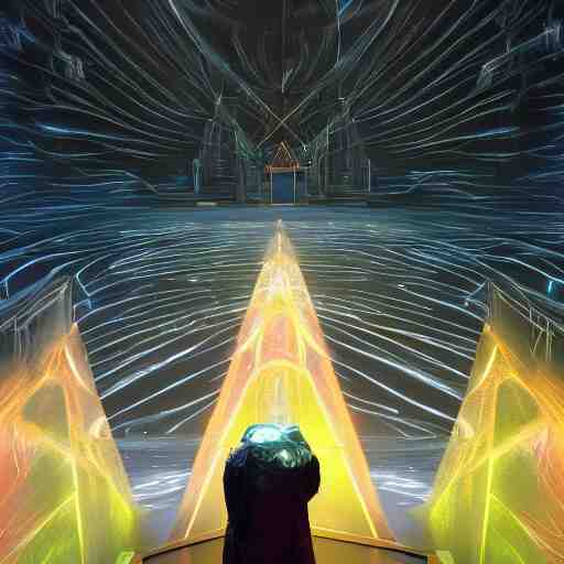 A space wizard stand in front of giant, glowing crystal sits in ...