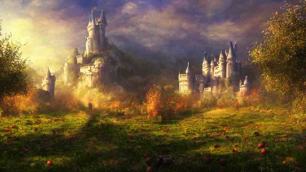 castle among apple orchards, sunny mid morning, Game of Thrones ...