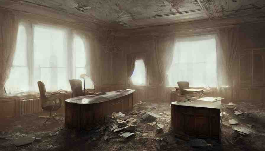 abandoned dusty oval office with lights through broken windows ...