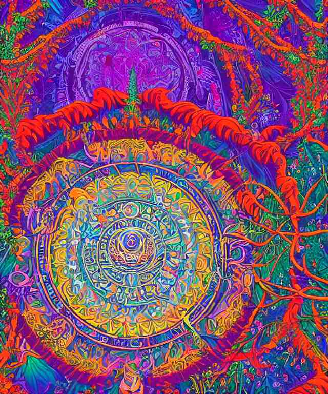 a psychedelic forest mandala on the ground, wide angle landscape ...
