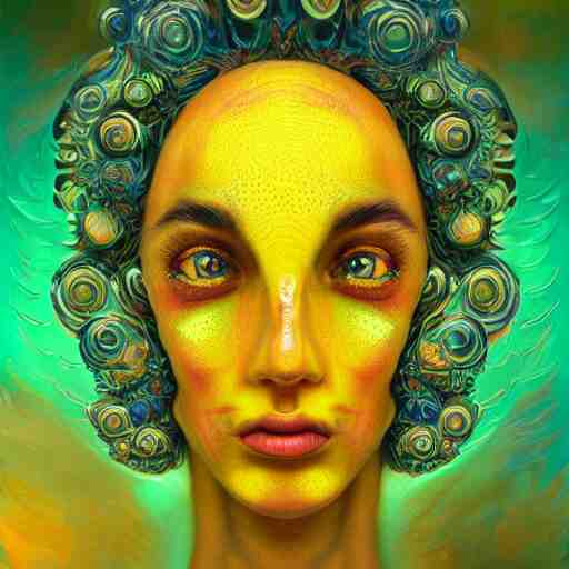 An extremely psychedelic portrait of A lemon, surreal, LSD, face ...