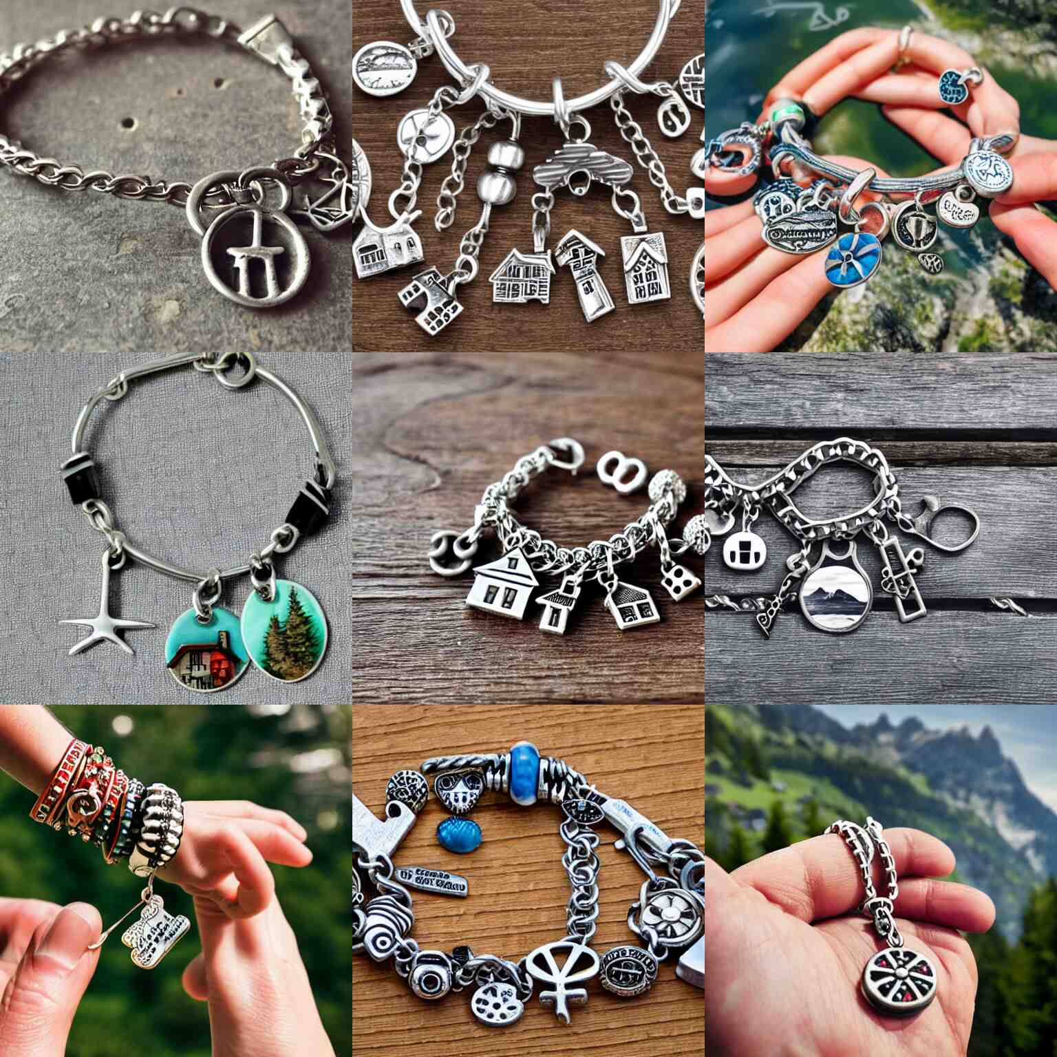 charm bracelet with charms of swiss cottages and mountains, hand ...