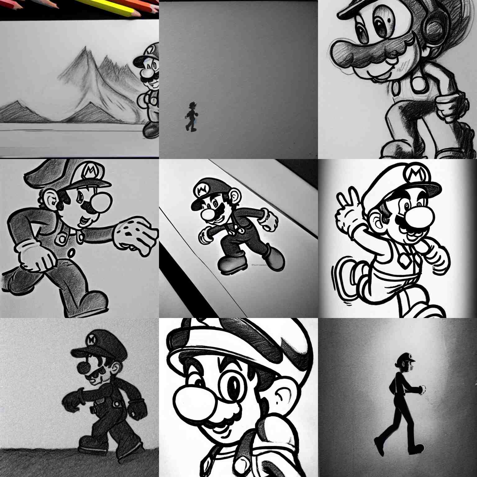 epic shaded pencil sketch of super mario walking across the hori ...