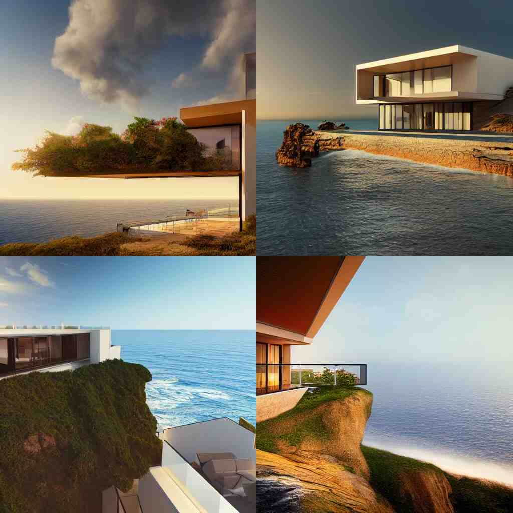 modern house on a cliff overlooking the ocean, golden hour, arch ...