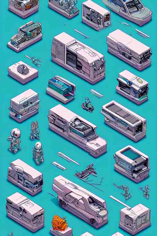 isometric design, sprite sheet, game resources, futuristic van b ...