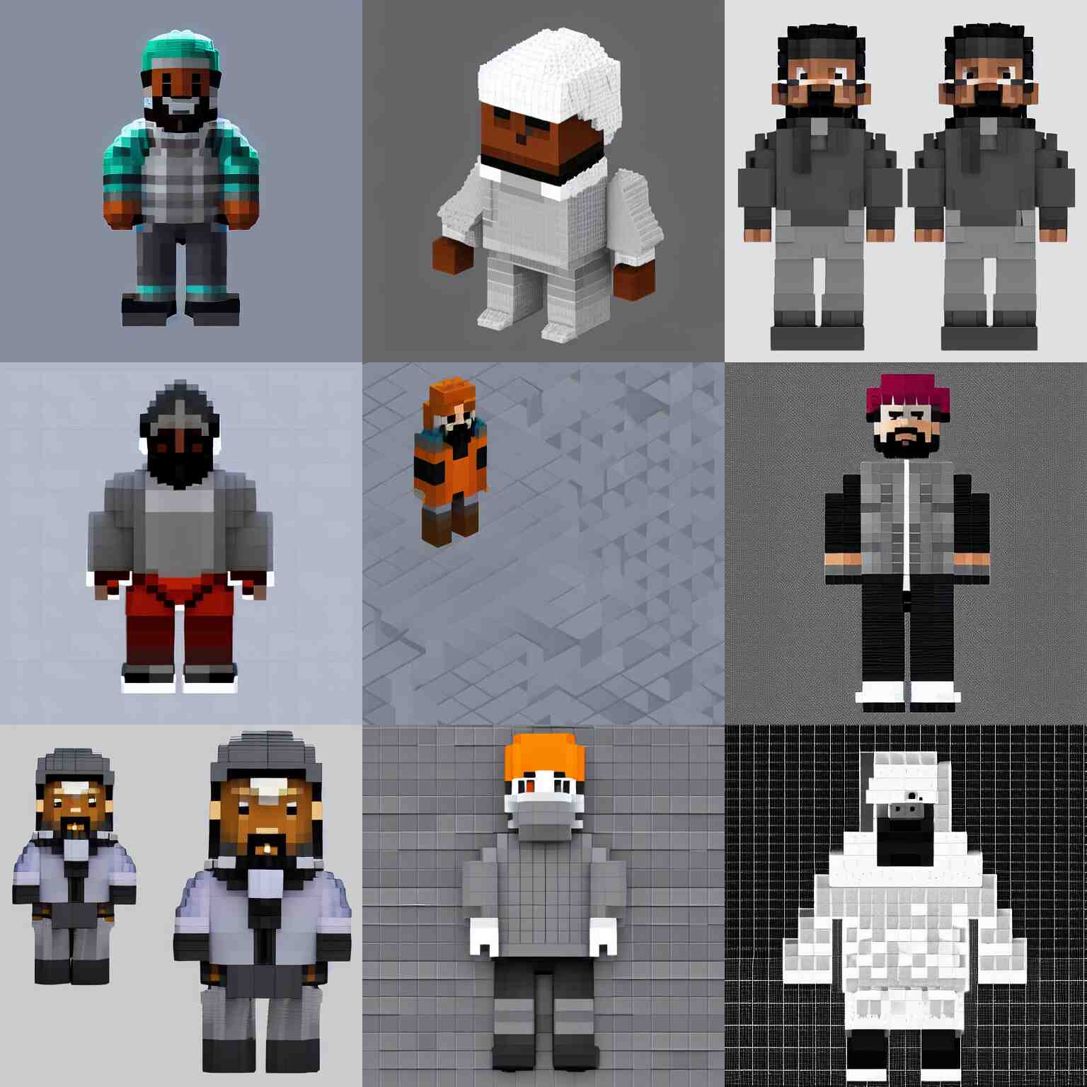 a fullbody voxel isometric sprite of a 🧔🏿 wearing a gray do ra ...