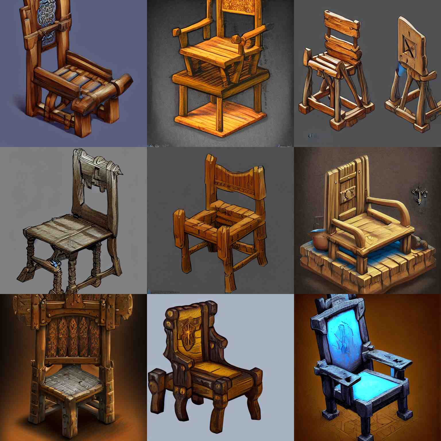 a digital painting of an isometric medieval wooden fantasy chair ...