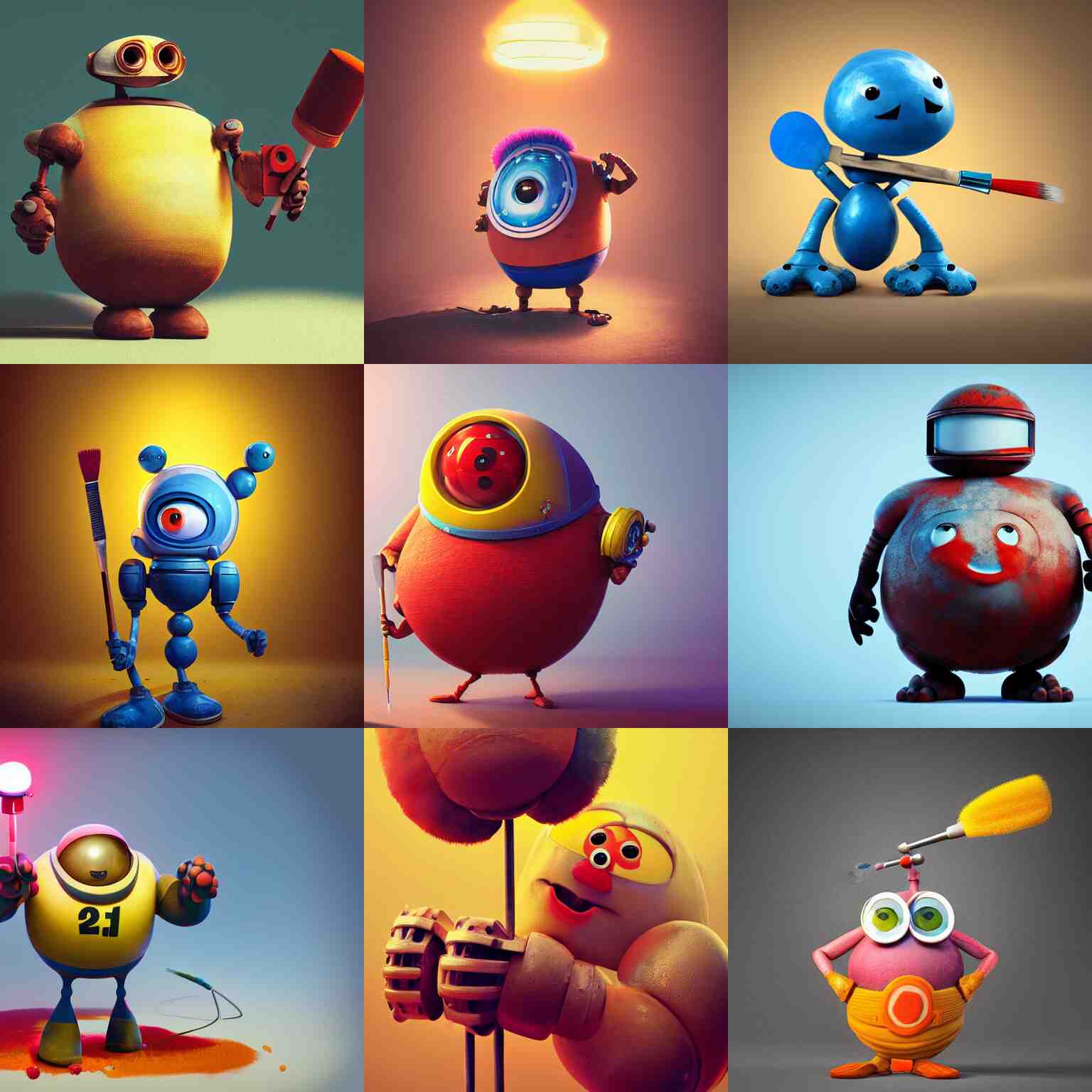 portrait of cute round robot with big paintbrushes as arms, pain ...